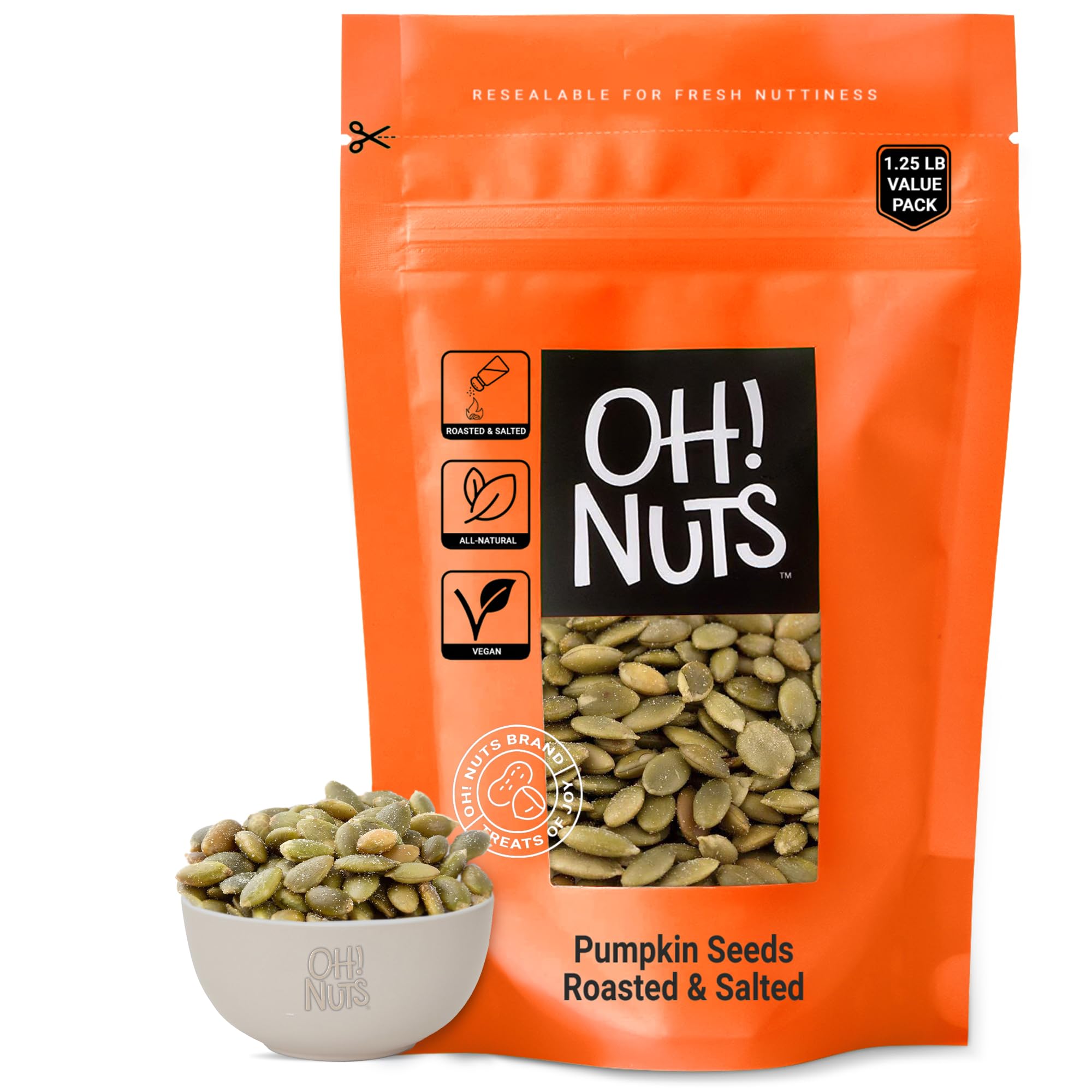 Oh! Nuts Roasted Salted Pumpkin Seeds | All-Natural Protein Power | Fresh, Healthy Keto Snacks | Unshelled Pepitas in 1.25 LB Resealable Bulk Bag | Vegan & Gluten-Free Snacking