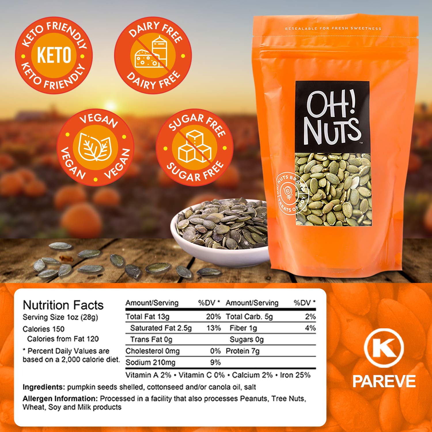 Oh! Nuts Roasted Salted Pumpkin Seeds | All-Natural Protein Power | Fresh, Healthy Keto Snacks | Unshelled Pepitas in 1.25 LB Resealable Bulk Bag | Vegan & Gluten-Free Snacking