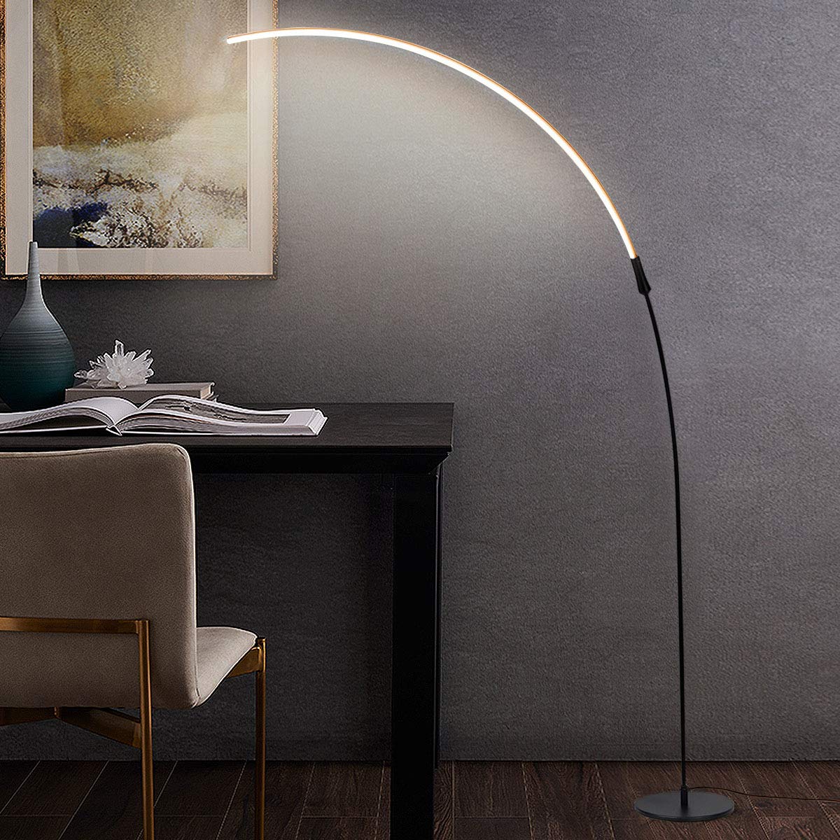 Tangkula LED Arc Floor Lamp, Curved Contemporary Minimalist Standing Lamp with 3 Brightness Levels, Modern Dimmable Adjustable Tall Reading Light, 3000K Warm White (Black)