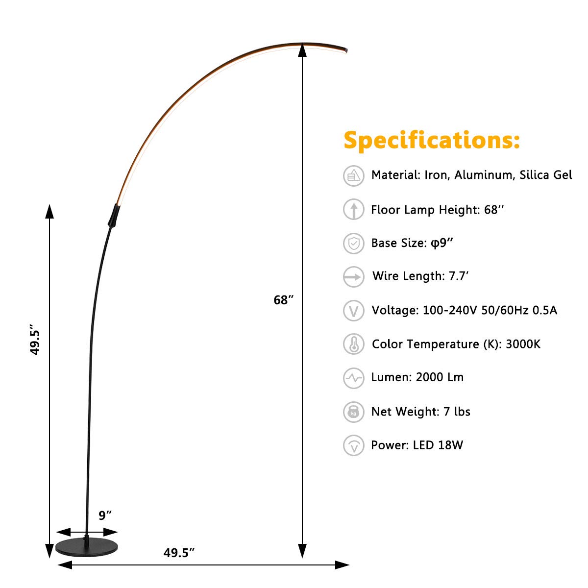 Tangkula LED Arc Floor Lamp, Curved Contemporary Minimalist Standing Lamp with 3 Brightness Levels, Modern Dimmable Adjustable Tall Reading Light, 3000K Warm White (Black)