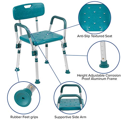 Flash Furniture HERCULES Series 300 Lb. Capacity Adjustable Teal Bath & Shower Chair with Quick Release Back & Arms