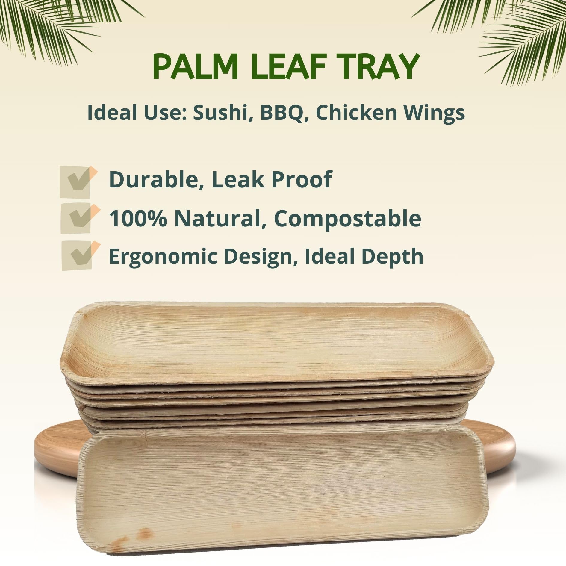 Dtocs Palm Leaf Sushi Tray (10) | 13 x 4 Inch Bamboo Plate Like Disposable Sushi Serving Tray Set, Chicken Wings Serving Tray for Luau, Wedding Parties | Compostable Alternate to Rectangle Paper Plate