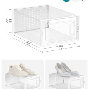 SONGMICS Shoe Boxes, Pack of 12 Shoe Storage Organizers, Stackable Clear Plastic Boxes for Closet, Sneakers, 9.1 x 13.1 x 5.6 Inches, Fit up to US Size 11, Transparent and White ULSP12SWT