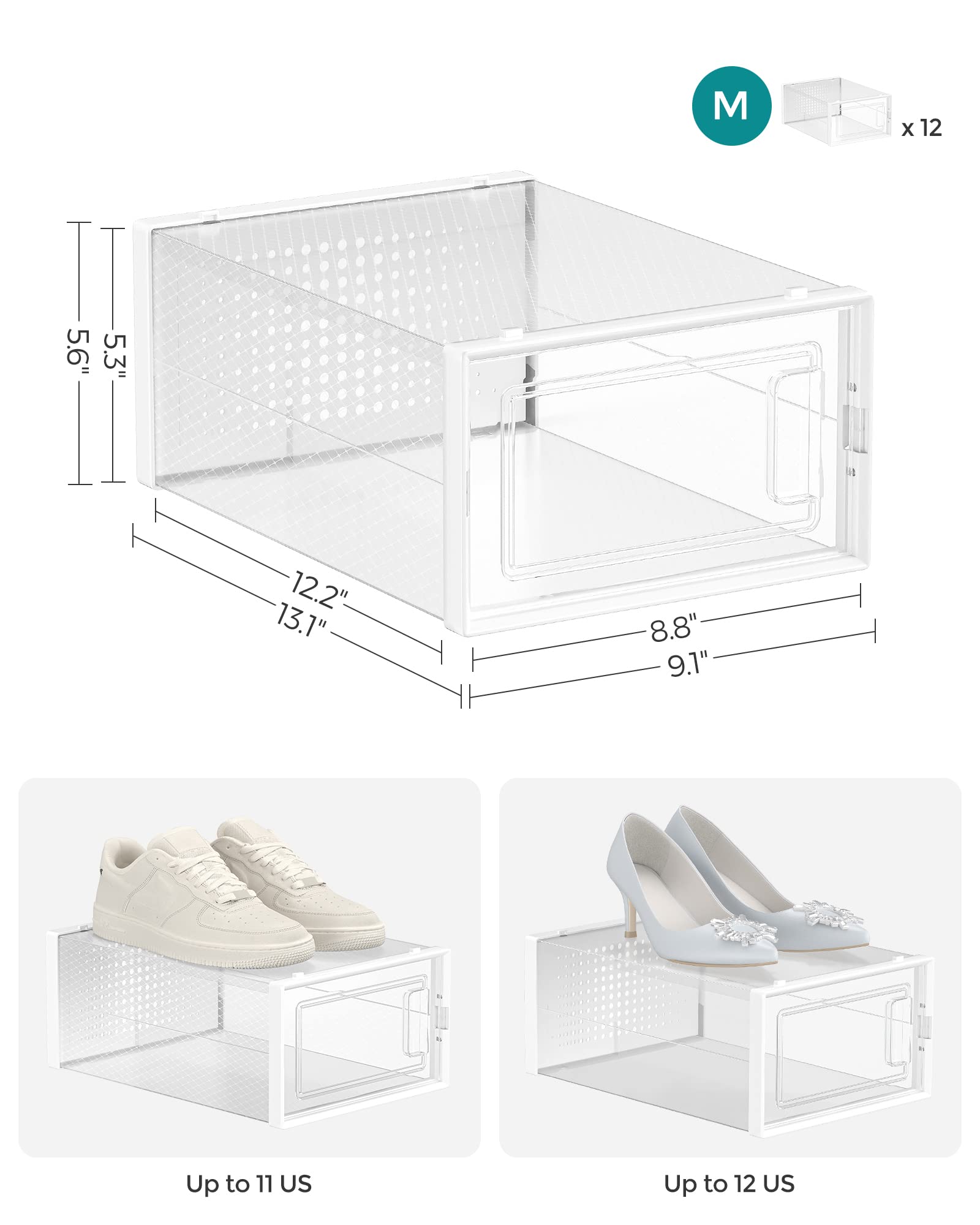 SONGMICS Shoe Boxes, Pack of 12 Shoe Storage Organizers, Stackable Clear Plastic Boxes for Closet, Sneakers, 9.1 x 13.1 x 5.6 Inches, Fit up to US Size 11, Transparent and White ULSP12SWT