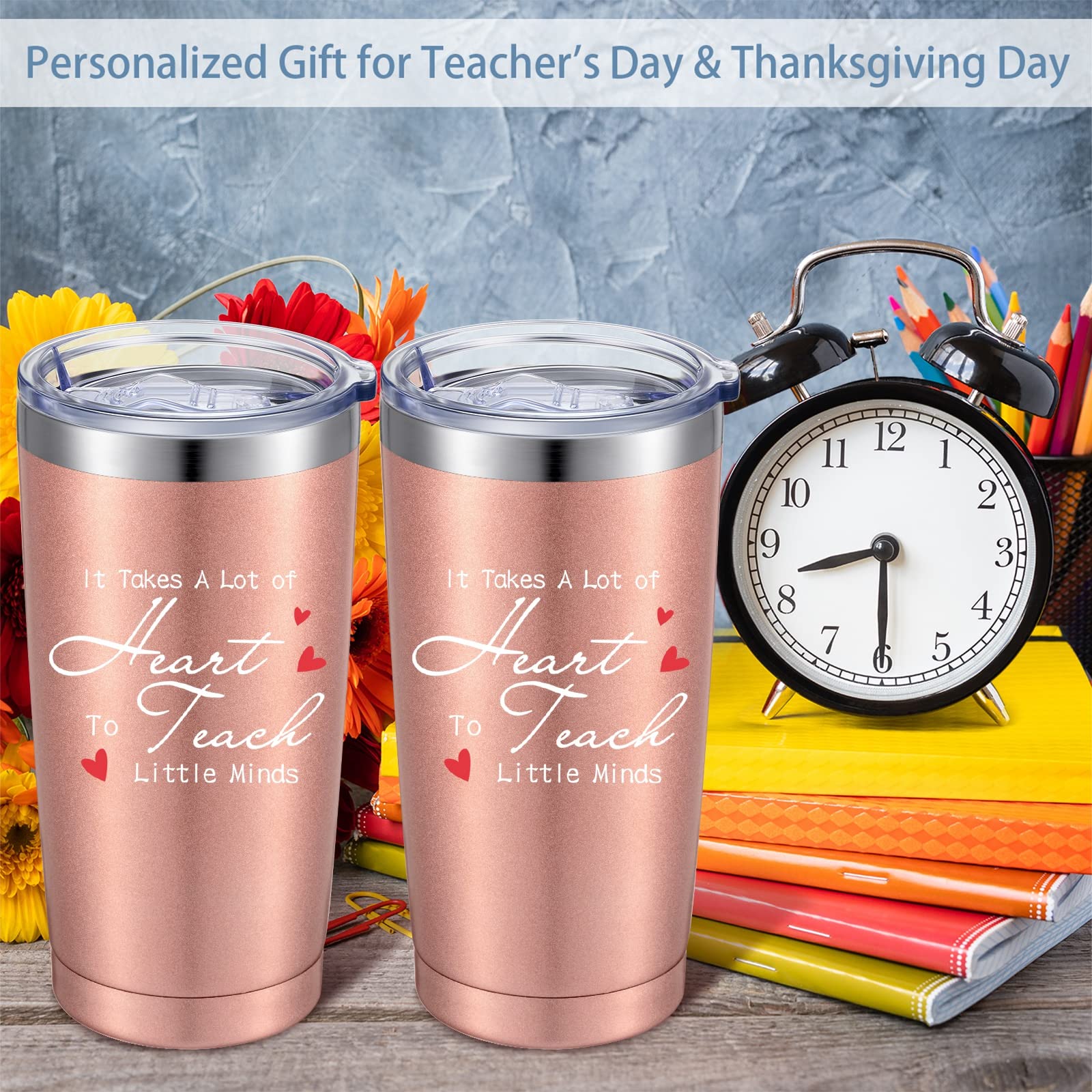 Boao 2 Pcs It Takes a Big Heart to Teach Minds Travel Cup, Teacher Appreciation Gifts Men Women Personalized Birthday Christmas Graduation Thank You Gifts for Teachers, 20 oz