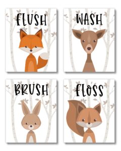 brooke & vine kids bathroom wall decor art prints (unframed 8 x 10 set of 4) - woodland animals farmhouse rustic toddler, baby girl, baby boy, classroom (woodland animals quad)