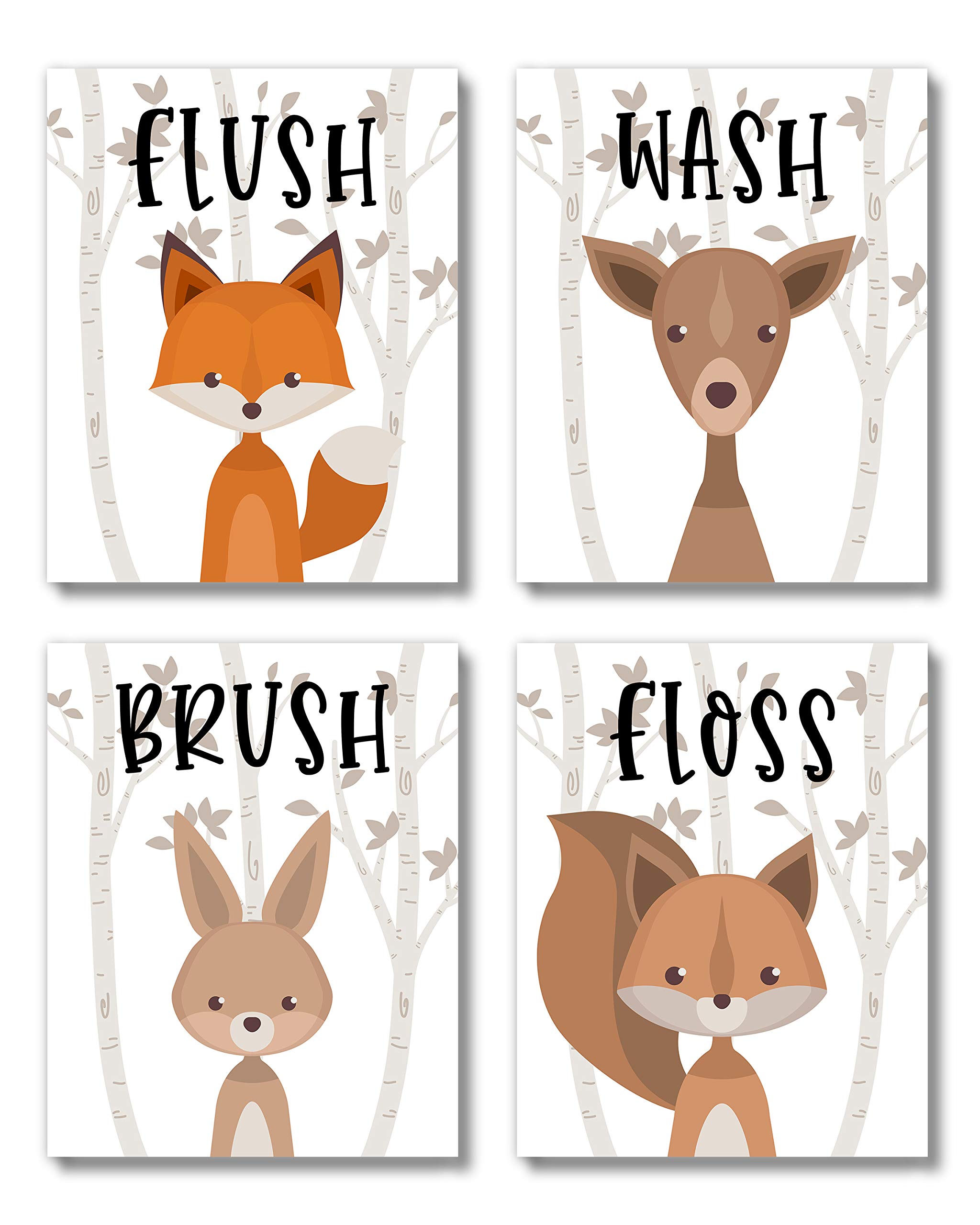 Brooke & Vine Kids Bathroom Wall Decor Art Prints (UNFRAMED 8 x 10 Set of 4) - Woodland Animals Farmhouse Rustic Toddler, Baby Girl, Baby Boy, Classroom (Woodland Animals Quad)