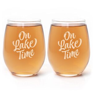 on lake time - lake house wine glasses, lakehouse decor for the home, lake house gifts, set of 2