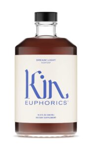 dream light by kin euphorics, non alcoholic spirits, nootropic, botanic, adaptogen drink, earthy oak, smoky clove and spicy cinnamon, soothe the spirit and quiet the mind, 16.9 fl oz