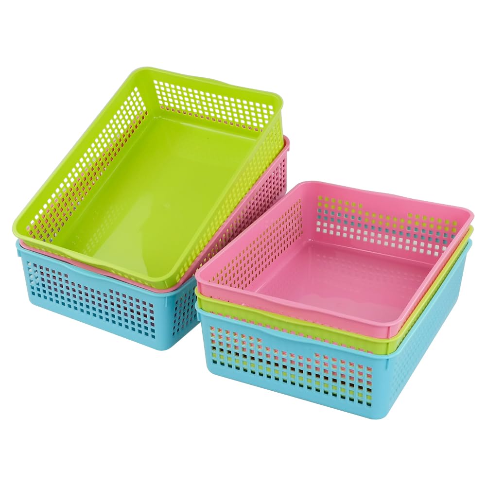 Ponpong Plastic Storage Baskets Tray, Plastic Classroom Basket Rectangle, 6 Pack