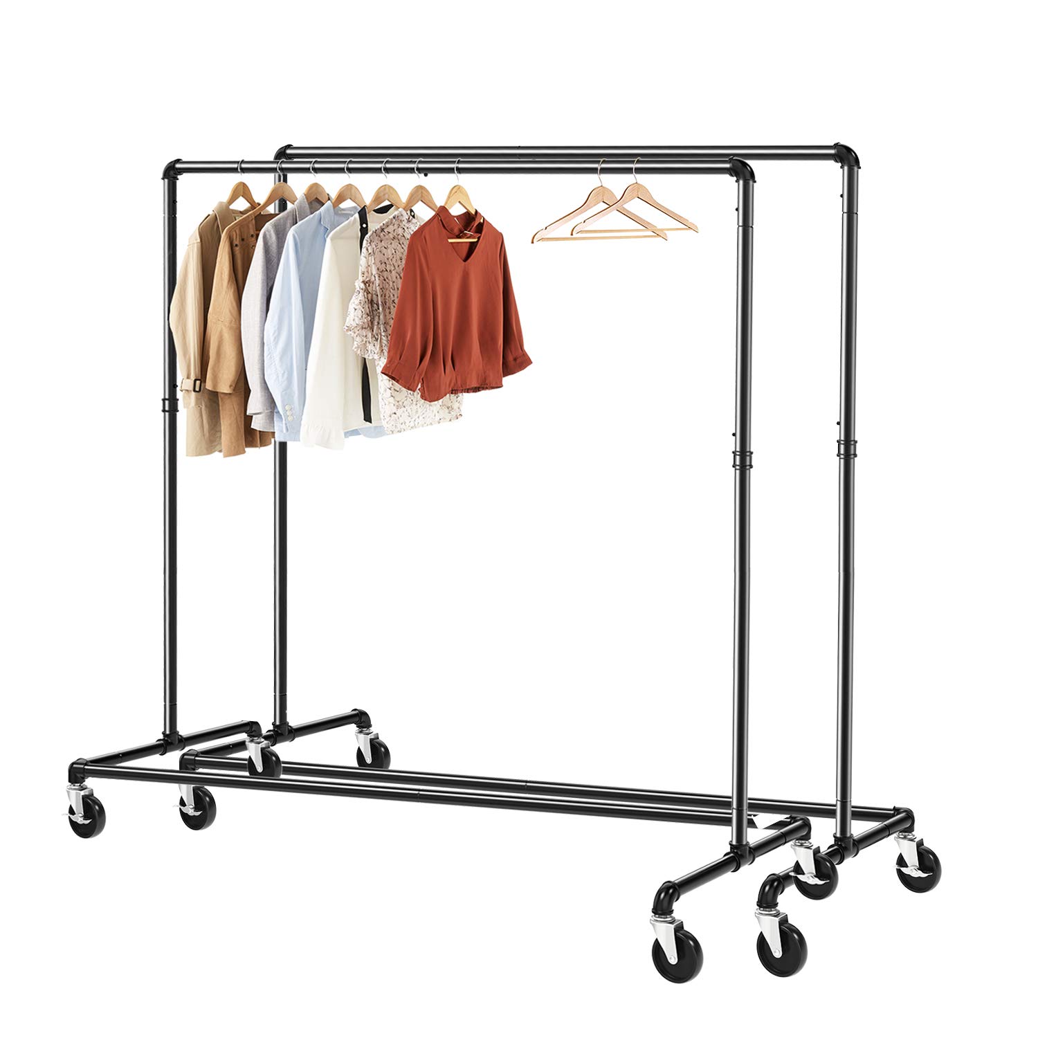 GREENSTELL Clothes Rack, Z Base Garment Rack, Industrial Pipe Clothing Rack on Wheels with Brakes, Commercial Grade Heavy Duty Sturdy Metal Rolling Clothing Coat Rack Holder 2 Packs (59x24x63 inch)