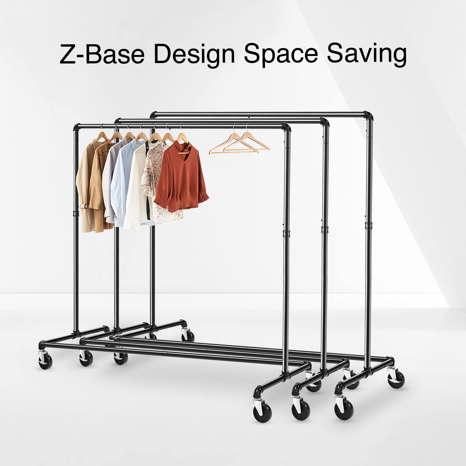 GREENSTELL Clothes Rack, Z Base Garment Rack, Industrial Pipe Clothing Rack on Wheels with Brakes, Commercial Grade Heavy Duty Sturdy Metal Rolling Clothing Coat Rack Holder 2 Packs (59x24x63 inch)