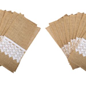 RAJRANG Pack of 20 Natural Burlap Cutlery Holder - 8x4 Inch Jute Pouch with Lace Silverware Napkin Holders Wedding Party Bridal Table Decoration