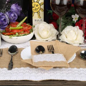 RAJRANG Pack of 20 Natural Burlap Cutlery Holder - 8x4 Inch Jute Pouch with Lace Silverware Napkin Holders Wedding Party Bridal Table Decoration