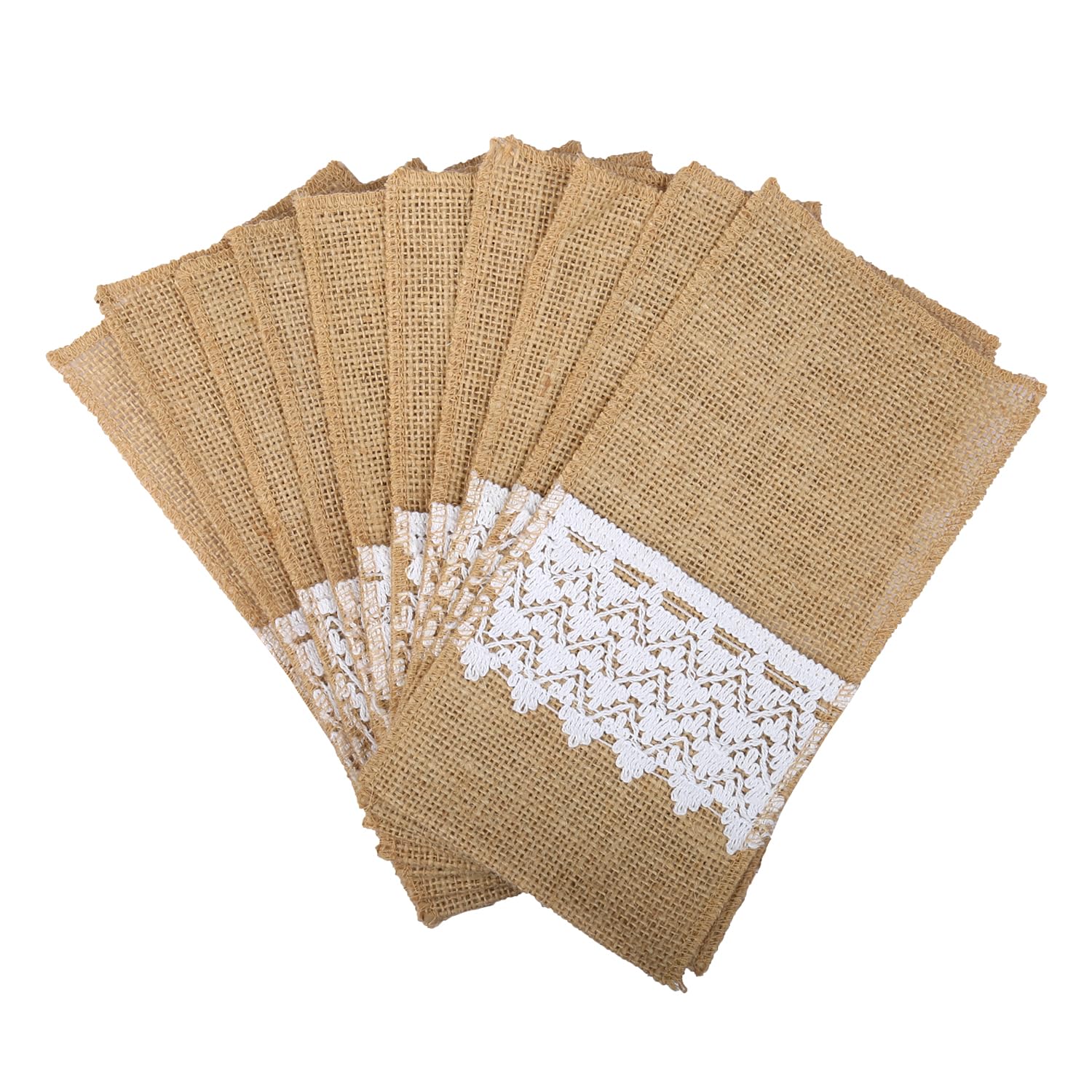 RAJRANG Pack of 20 Natural Burlap Cutlery Holder - 8x4 Inch Jute Pouch with Lace Silverware Napkin Holders Wedding Party Bridal Table Decoration