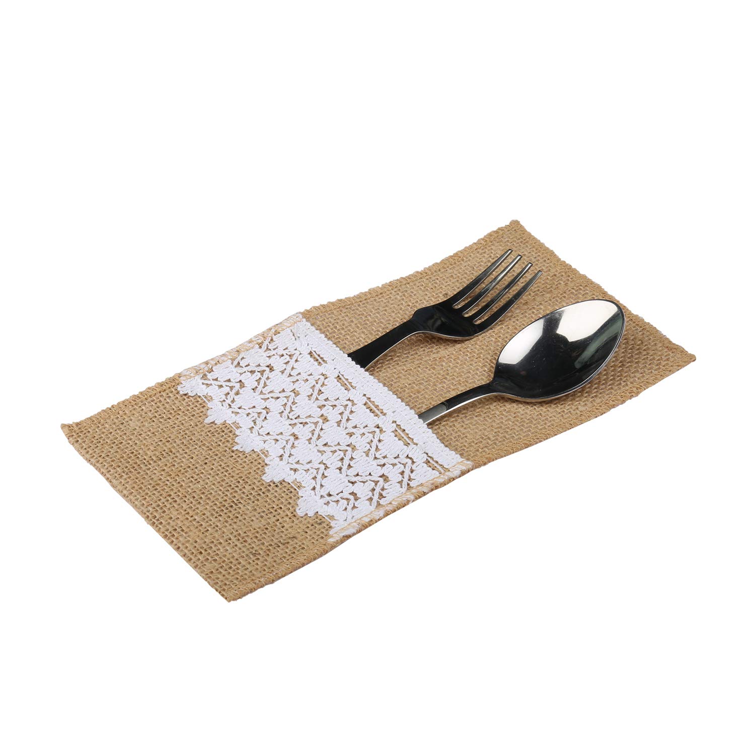 RAJRANG Pack of 20 Natural Burlap Cutlery Holder - 8x4 Inch Jute Pouch with Lace Silverware Napkin Holders Wedding Party Bridal Table Decoration