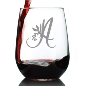 monogram floral letter a - stemless wine glass - personalized gifts for women and men - large engraved glasses