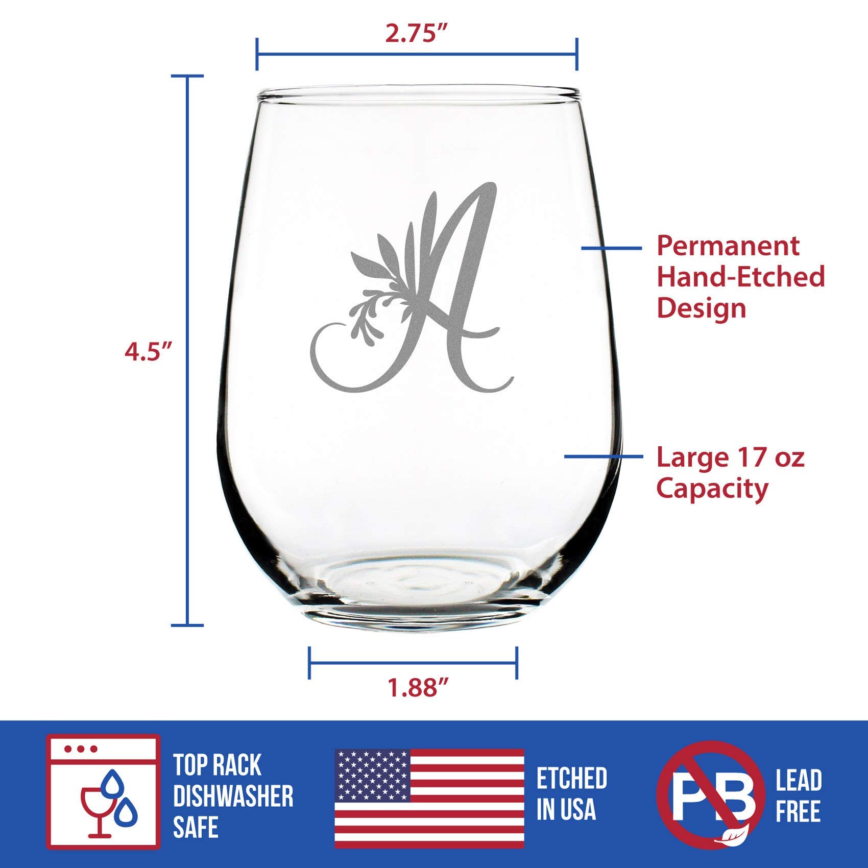 Monogram Floral Letter A - Stemless Wine Glass - Personalized Gifts for Women and Men - Large Engraved Glasses