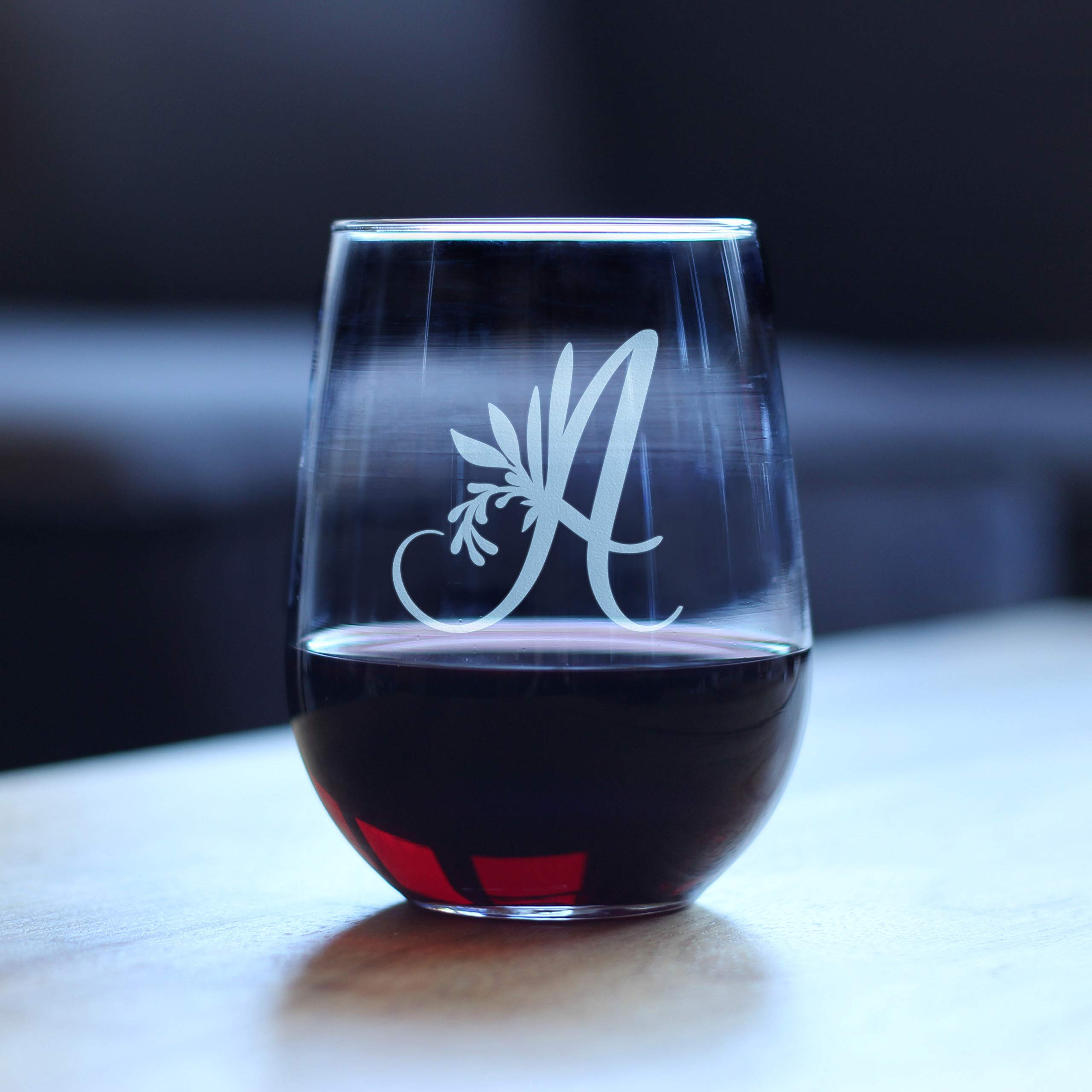 Monogram Floral Letter A - Stemless Wine Glass - Personalized Gifts for Women and Men - Large Engraved Glasses