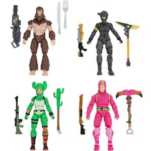 fortnite alchemist squad mode, 4 figure pack - 4 inch king flamingo, prickly patroller, bigfoot, elite agent collectible action figures, plus 5 harvesting tools, 4 weapons, 4 building materials