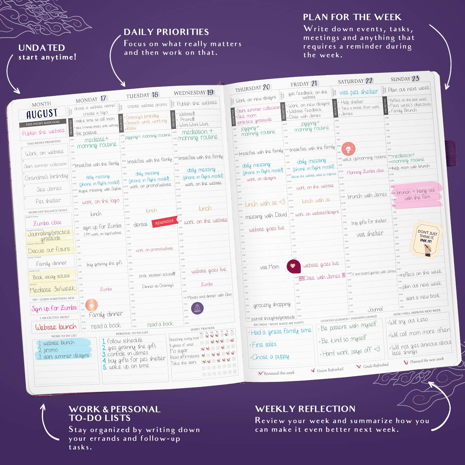 Legend Planner PRO Hourly Schedule - Weekly & Daily Organizer with Time Slots. Appointment Book Journal for Work & Personal, A4 (Purple)