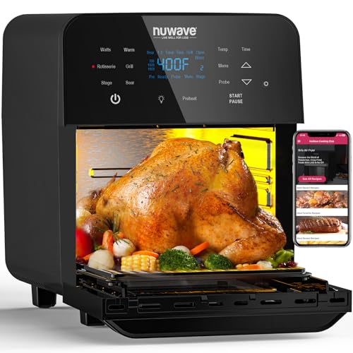 Nuwave Brio Air Fryer Oven, 15.5Qt X-Large Family Size, SS Rotisserie Basket &Skewer-Kit, Reversible Ultra Non-Stick Grill/Griddle Plate, Powerful 1800W, Integrated Smart Thermometer,Black