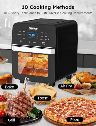 Nuwave Brio Air Fryer Oven, 15.5Qt X-Large Family Size, SS Rotisserie Basket &Skewer-Kit, Reversible Ultra Non-Stick Grill/Griddle Plate, Powerful 1800W, Integrated Smart Thermometer,Black