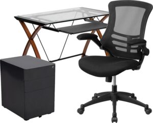 flash furniture work from home kit - glass desk with keyboard tray, ergonomic mesh office chair and filing cabinet with lock & side handles