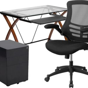 Flash Furniture Work From Home Kit - Glass Desk with Keyboard Tray, Ergonomic Mesh Office Chair and Filing Cabinet with Lock & Side Handles