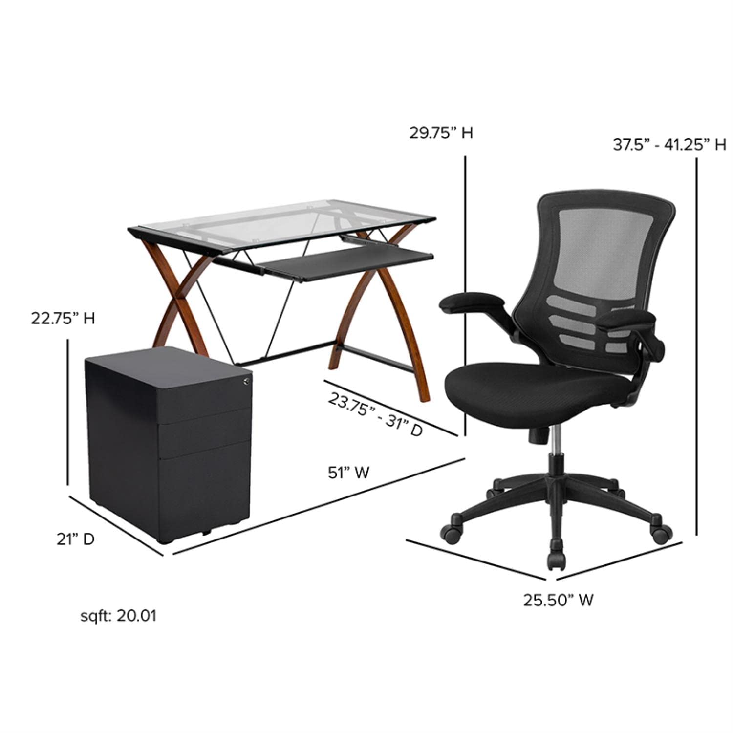 Flash Furniture Work From Home Kit - Glass Desk with Keyboard Tray, Ergonomic Mesh Office Chair and Filing Cabinet with Lock & Side Handles