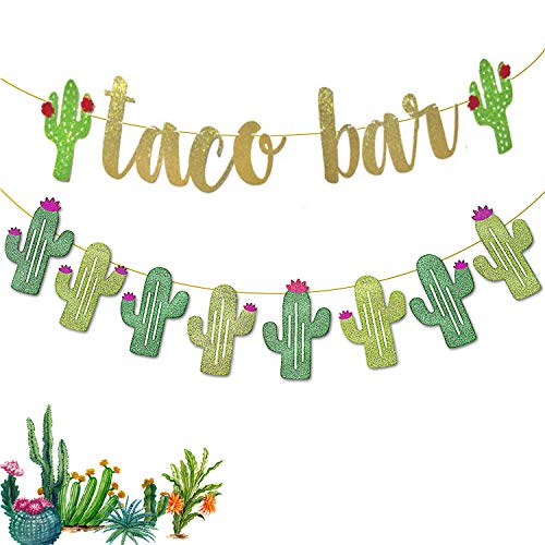 2 Set Fiesta Taco Bar Cactus Banner Garland, Gold Green Glittery Fiesta Banner for Mexican Fiesta Party Cinco De Mayo Decorations