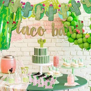 2 Set Fiesta Taco Bar Cactus Banner Garland, Gold Green Glittery Fiesta Banner for Mexican Fiesta Party Cinco De Mayo Decorations