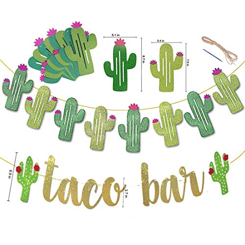 2 Set Fiesta Taco Bar Cactus Banner Garland, Gold Green Glittery Fiesta Banner for Mexican Fiesta Party Cinco De Mayo Decorations