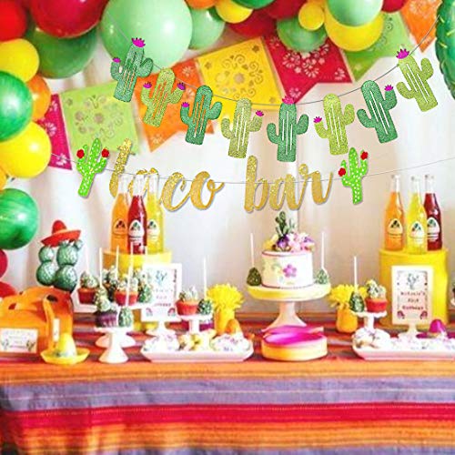 2 Set Fiesta Taco Bar Cactus Banner Garland, Gold Green Glittery Fiesta Banner for Mexican Fiesta Party Cinco De Mayo Decorations