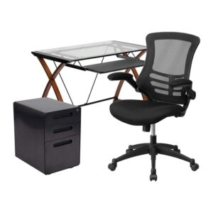 flash furniture work from home kit - glass desk with keyboard tray, ergonomic mesh office chair and filing cabinet with lock & inset handles