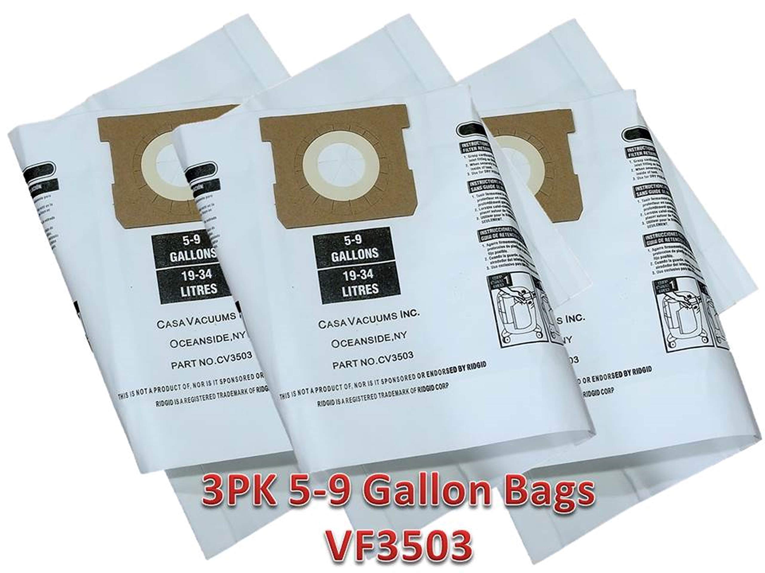 3 Replacement VF3503 Bags. Compatible with Ridgid 5-9 Gallon Wet/Dry Vacuum Units. High Efficiency Multi-Layer Collection Bags.