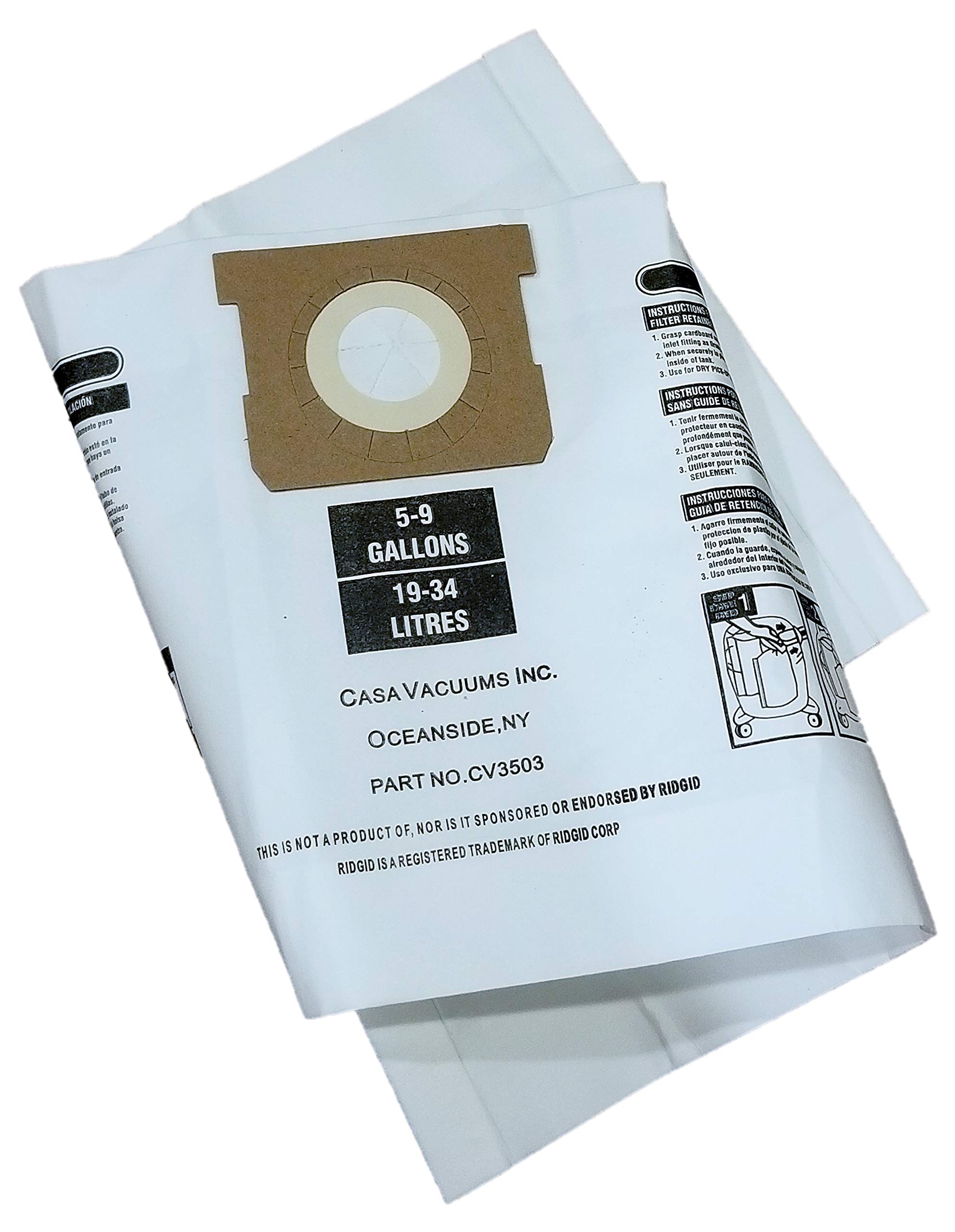 3 Replacement VF3503 Bags. Compatible with Ridgid 5-9 Gallon Wet/Dry Vacuum Units. High Efficiency Multi-Layer Collection Bags.