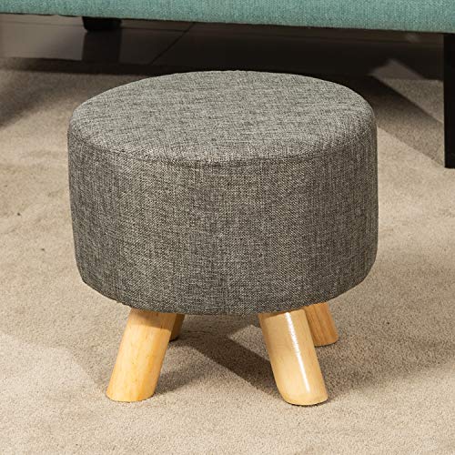 Asense Round Ottoman Foot Rest Linen Fabric Padded Seat Pouf Ottoman with Non-Skid Wooden Legs