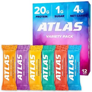 atlas protein bar, 20g protein, 1g sugar, clean ingredients, gluten free (whey variety, 12 count (pack of 1))