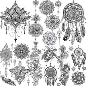 6 sheets fanrui black henna temporary tattoos for women lace mehndi mandala flower tatoos ink large waterproof lotus fake jewelry pendant butterfly tattoo stickers kit wedding dreamcatcher feather