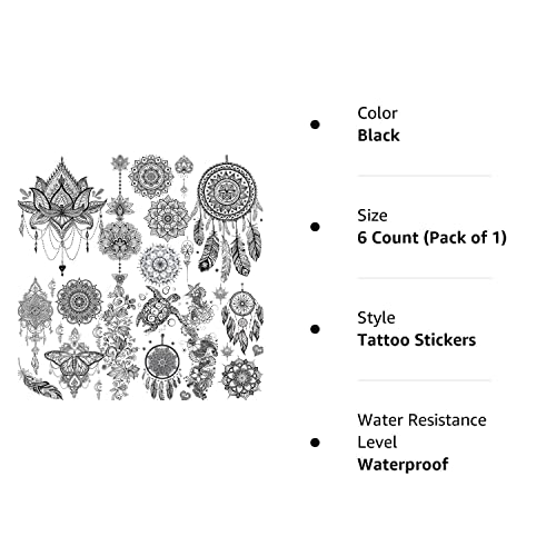 6 Sheets FANRUI Black Henna Temporary Tattoos For Women Lace Mehndi Mandala Flower Tatoos Ink Large Waterproof Lotus Fake Jewelry Pendant Butterfly Tattoo Stickers Kit Wedding Dreamcatcher Feather