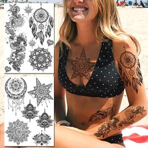 6 Sheets FANRUI Black Henna Temporary Tattoos For Women Lace Mehndi Mandala Flower Tatoos Ink Large Waterproof Lotus Fake Jewelry Pendant Butterfly Tattoo Stickers Kit Wedding Dreamcatcher Feather