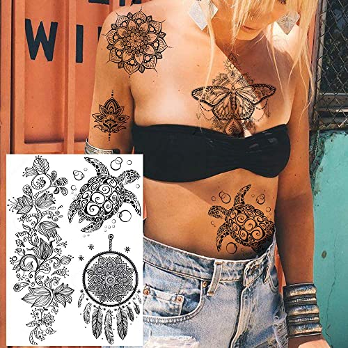 6 Sheets FANRUI Black Henna Temporary Tattoos For Women Lace Mehndi Mandala Flower Tatoos Ink Large Waterproof Lotus Fake Jewelry Pendant Butterfly Tattoo Stickers Kit Wedding Dreamcatcher Feather