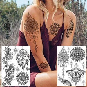 6 Sheets FANRUI Black Henna Temporary Tattoos For Women Lace Mehndi Mandala Flower Tatoos Ink Large Waterproof Lotus Fake Jewelry Pendant Butterfly Tattoo Stickers Kit Wedding Dreamcatcher Feather