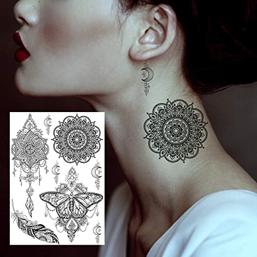 6 Sheets FANRUI Black Henna Temporary Tattoos For Women Lace Mehndi Mandala Flower Tatoos Ink Large Waterproof Lotus Fake Jewelry Pendant Butterfly Tattoo Stickers Kit Wedding Dreamcatcher Feather