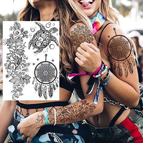 6 Sheets FANRUI Black Henna Temporary Tattoos For Women Lace Mehndi Mandala Flower Tatoos Ink Large Waterproof Lotus Fake Jewelry Pendant Butterfly Tattoo Stickers Kit Wedding Dreamcatcher Feather