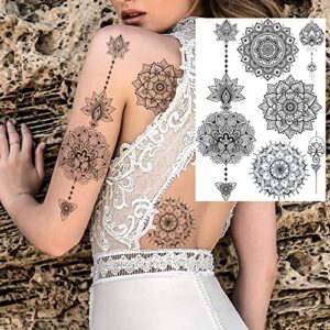 6 Sheets FANRUI Black Henna Temporary Tattoos For Women Lace Mehndi Mandala Flower Tatoos Ink Large Waterproof Lotus Fake Jewelry Pendant Butterfly Tattoo Stickers Kit Wedding Dreamcatcher Feather