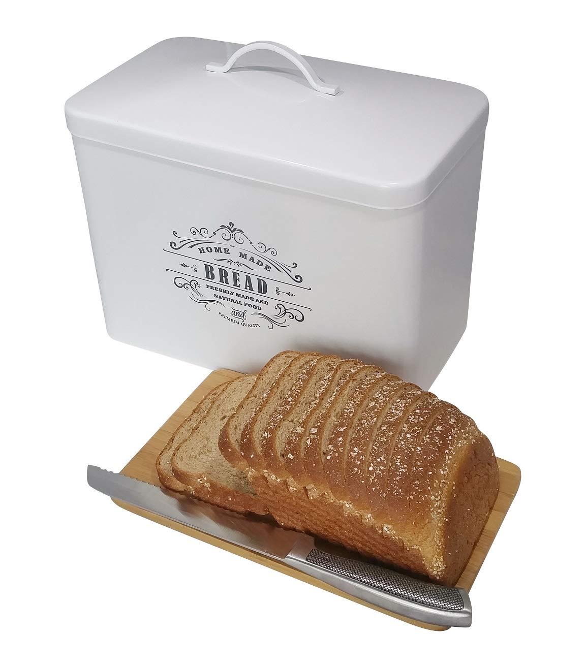 PremiumPresents Metal bread box + cutting board. Storage bin kitchen decor. Kitchen storage container. breadbox basket. kitchen countertop organizer. Tin box.