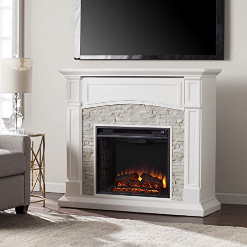 Seneca Electric Media Fireplace - White w/White Faux Stone