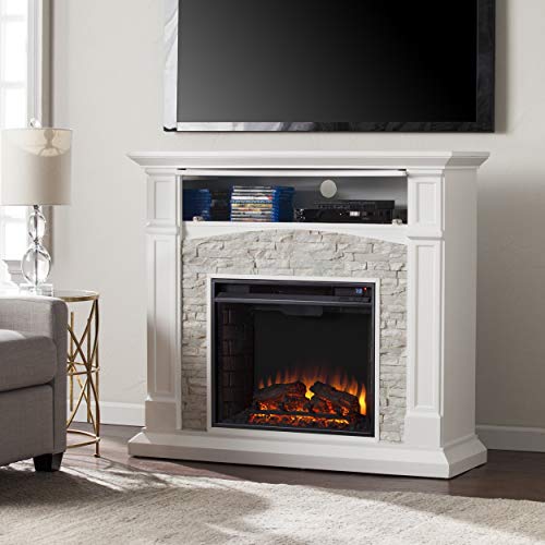 Seneca Electric Media Fireplace - White w/White Faux Stone